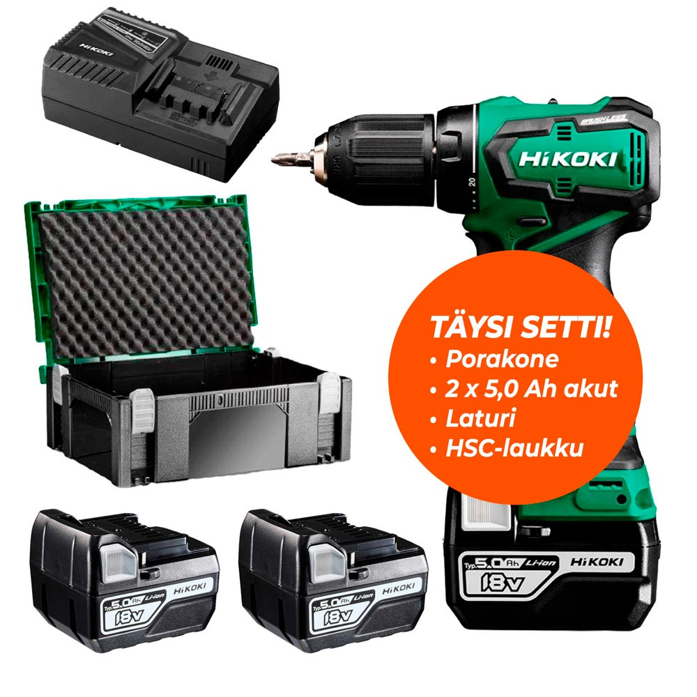 HiKOKI DS18DD 18V akkuporakone (2x5,0Ah) – kompakti malli